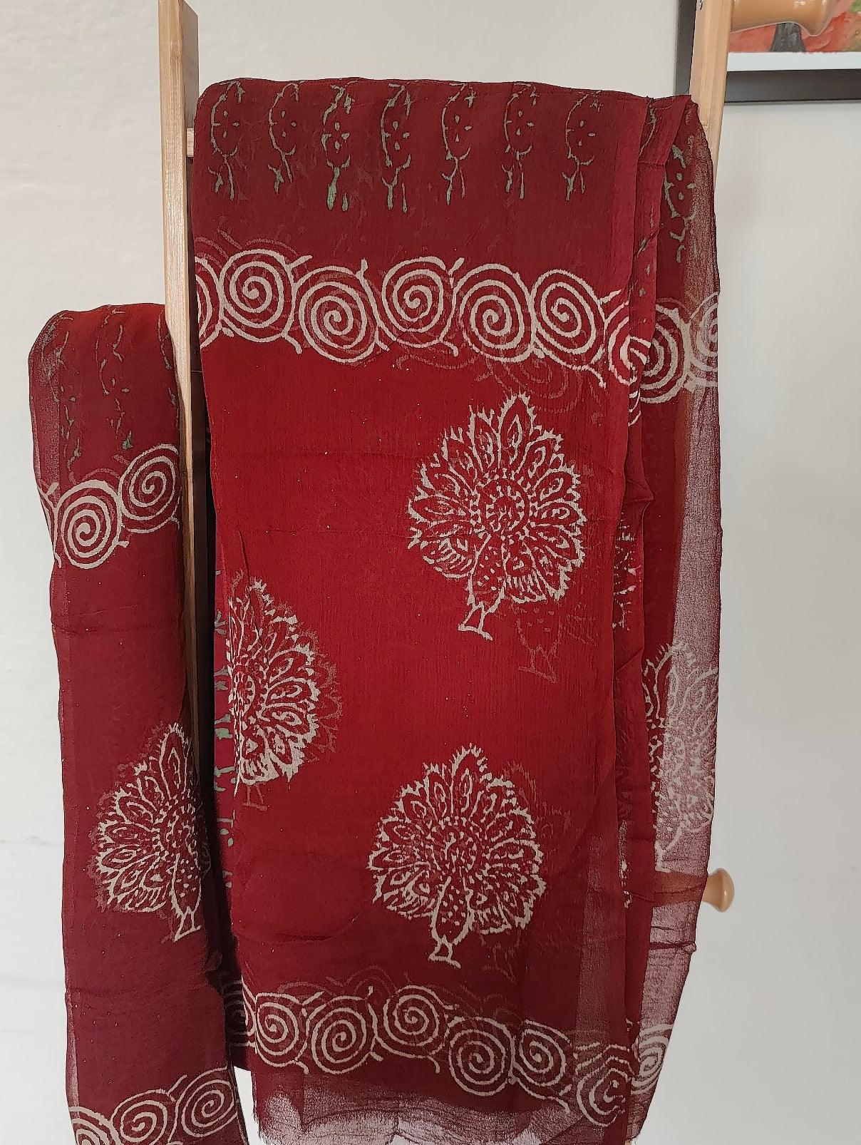 MAROON BLOCK PRINT APPLIQUE SUIT