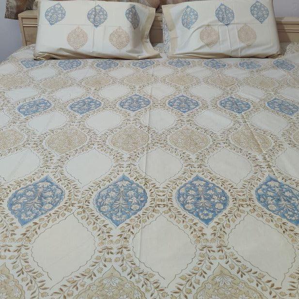 NESTED BEIGE BLUE HAND BLOCK PRINT BED SHEET